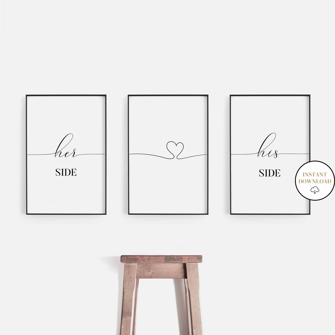 Her Side His Side Wall Art, Set of Three, Printable Couple Wall Art ...