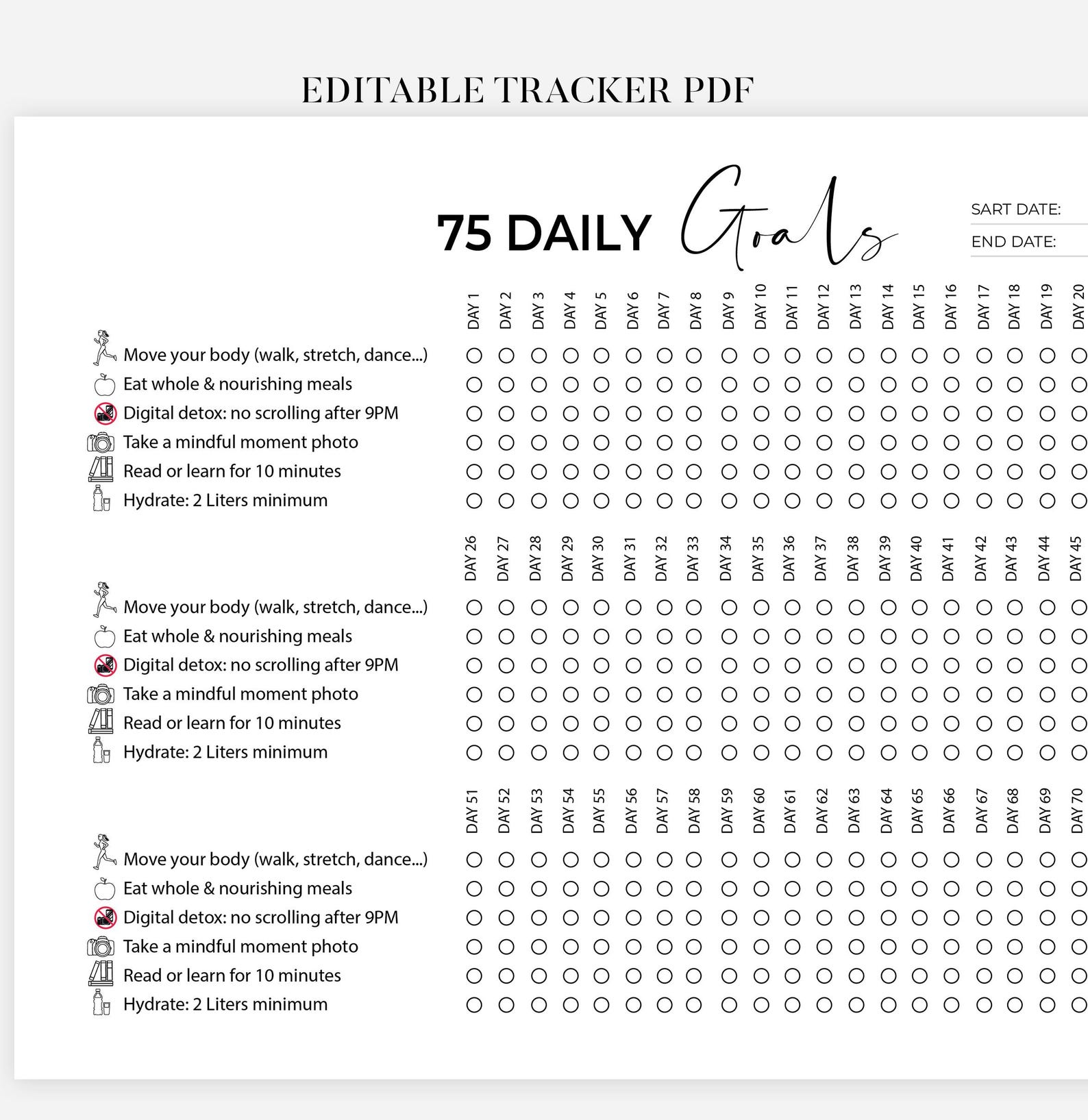 75 Day Challenge Tracker Printable | Landscape A4 & US Letter Sizes ...