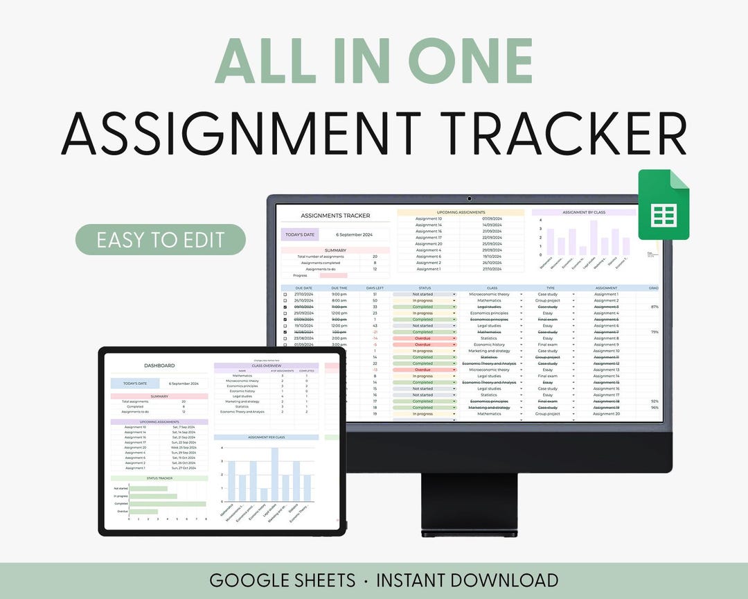 Student Planner & Assignment Tracker Google Sheets Plan College ...