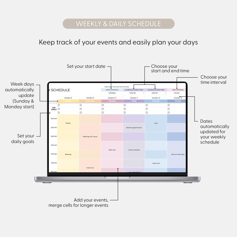 Weekly Planner Spreadsheet for Google Sheets | Weekly Calendar | Daily ...