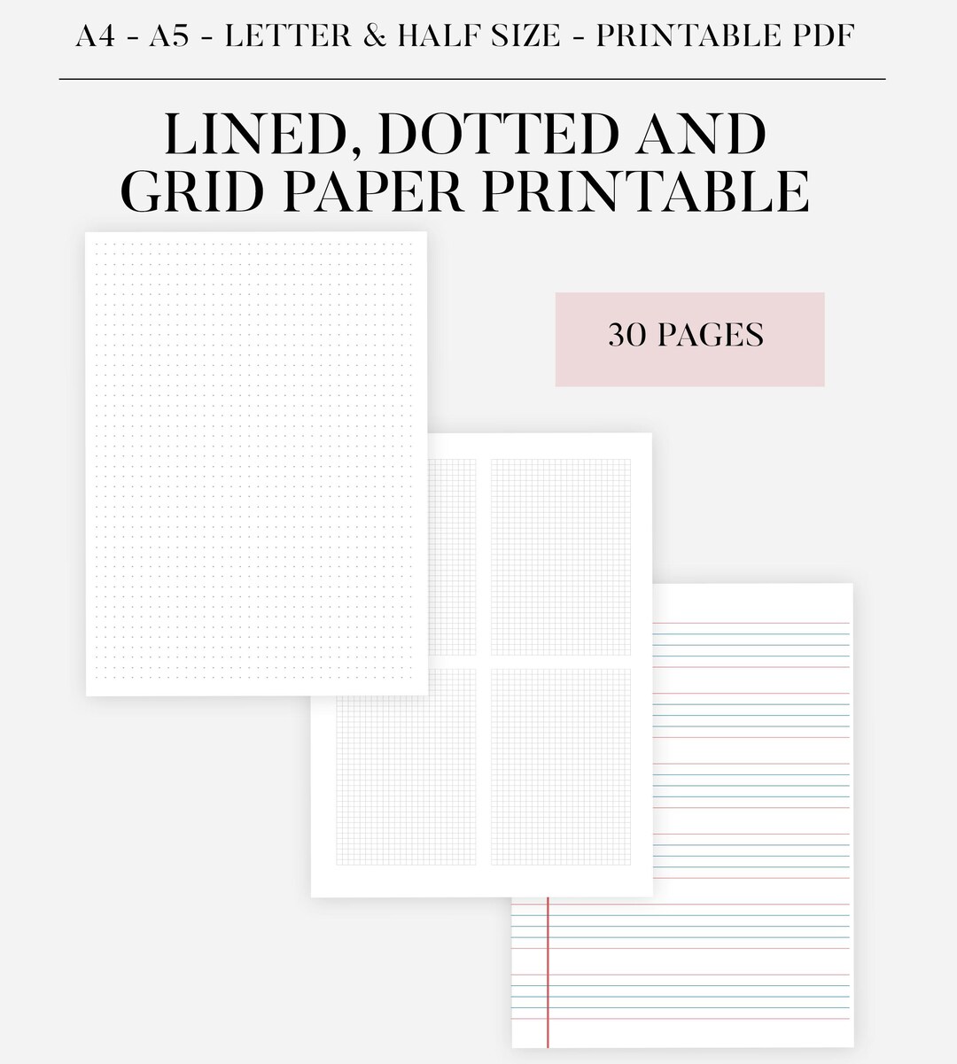 Printable Lined Paper Bundle, College and Wide Rule PDF, Dot Grid Paper ...