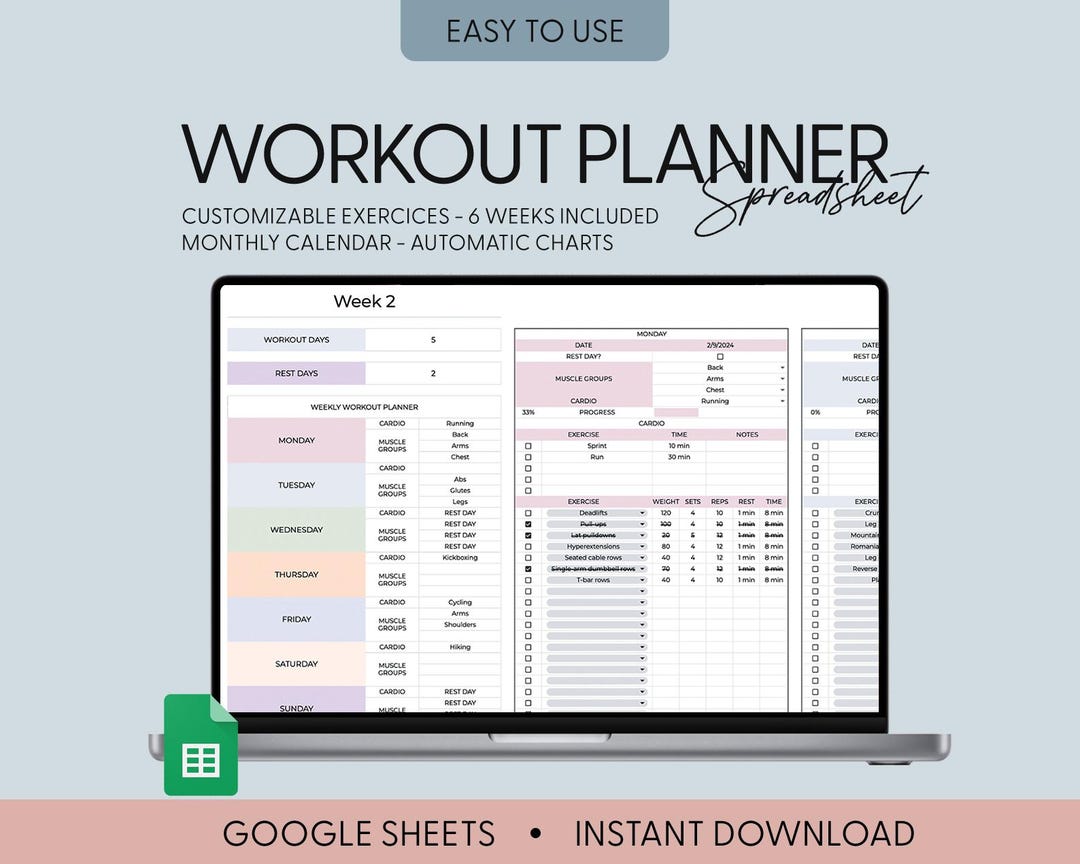 Workout Planner Spreadsheet, Google Sheets, Daily, Weekly, Fitness ...