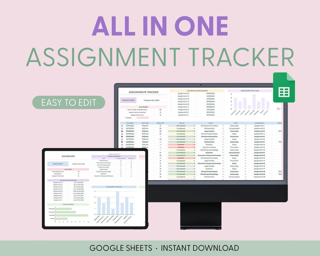 Student Planner and Assignment Tracker Google Sheets Excel College ...