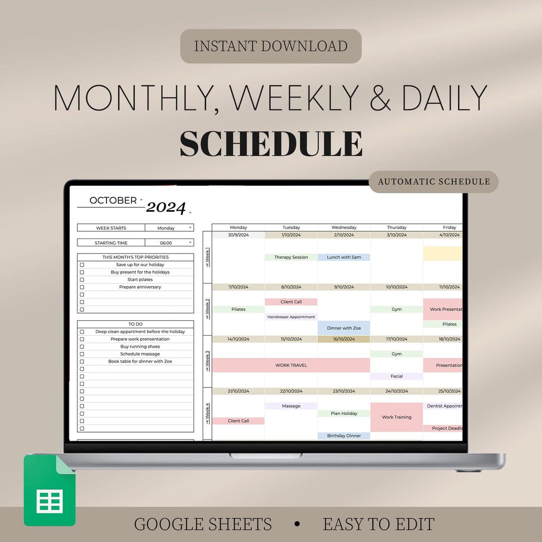 Editable Planner Google Sheets Digital Planner Spreadsheet Daily Weekly ...