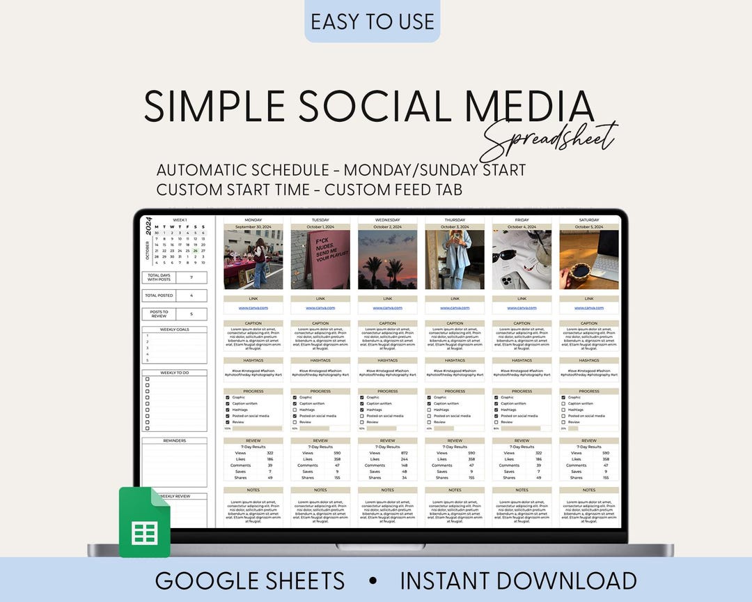 Simple Social Media Planner Spreadsheet Monthly Content Calendar Google ...