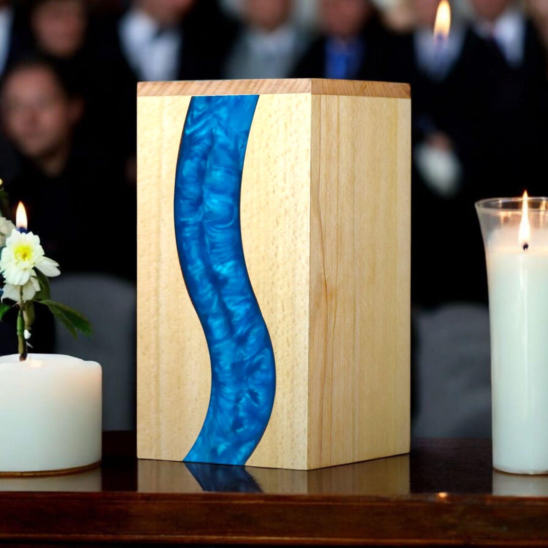 Handmade Wooden Urn Box With Blue Resin River Memorial Cremation Urn ...
