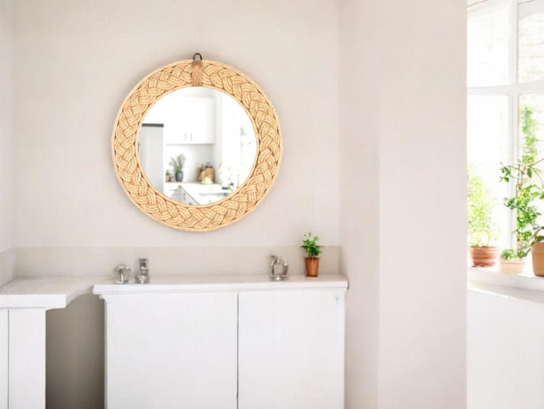 Handwoven Jute Rope Round Wall Mirror – Boho Farmhouse Rustic Hanging ...