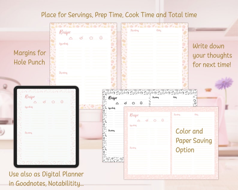 LETTER Recipe Page Template, Printable and Digital PDF - 5 Different ...