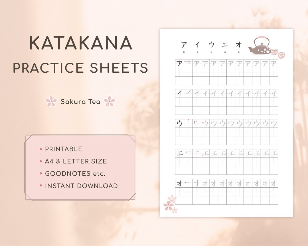 Printable Katakana Practice Sheets With Japanese Sakura Tea Set Learn ...