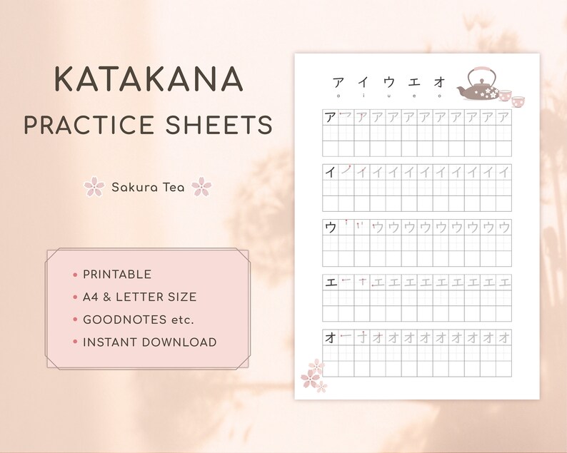 Printable Katakana Practice Sheets With Japanese Sakura Tea Set Learn ...