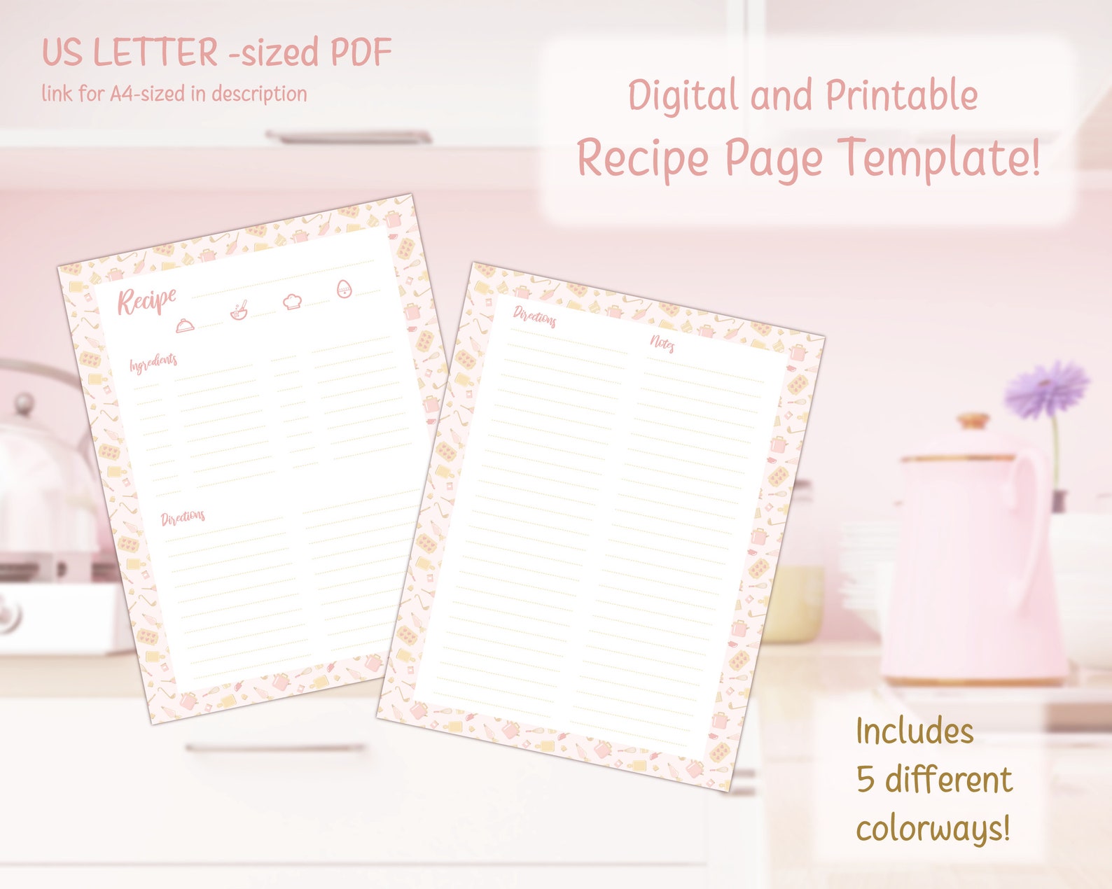 LETTER Recipe Page Template, Printable and Digital PDF - 5 Different ...