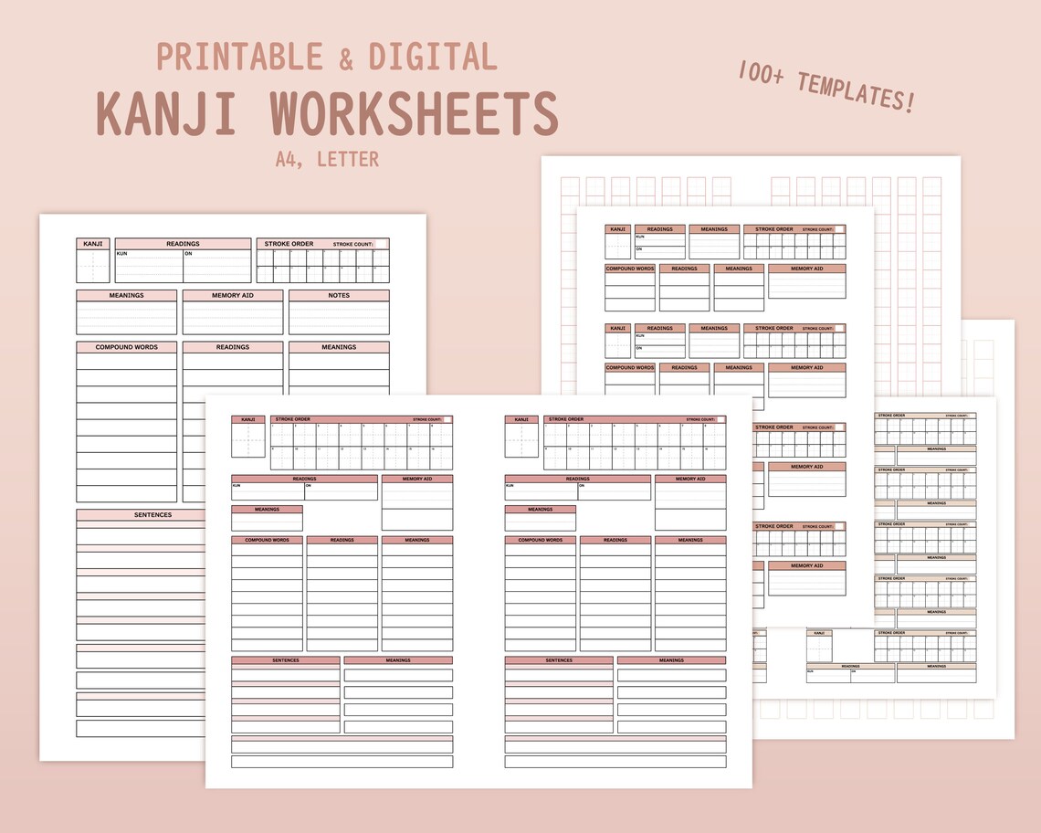 Japanese Study Templates - Kanji Worksheets and Writing Paper - Blushed ...