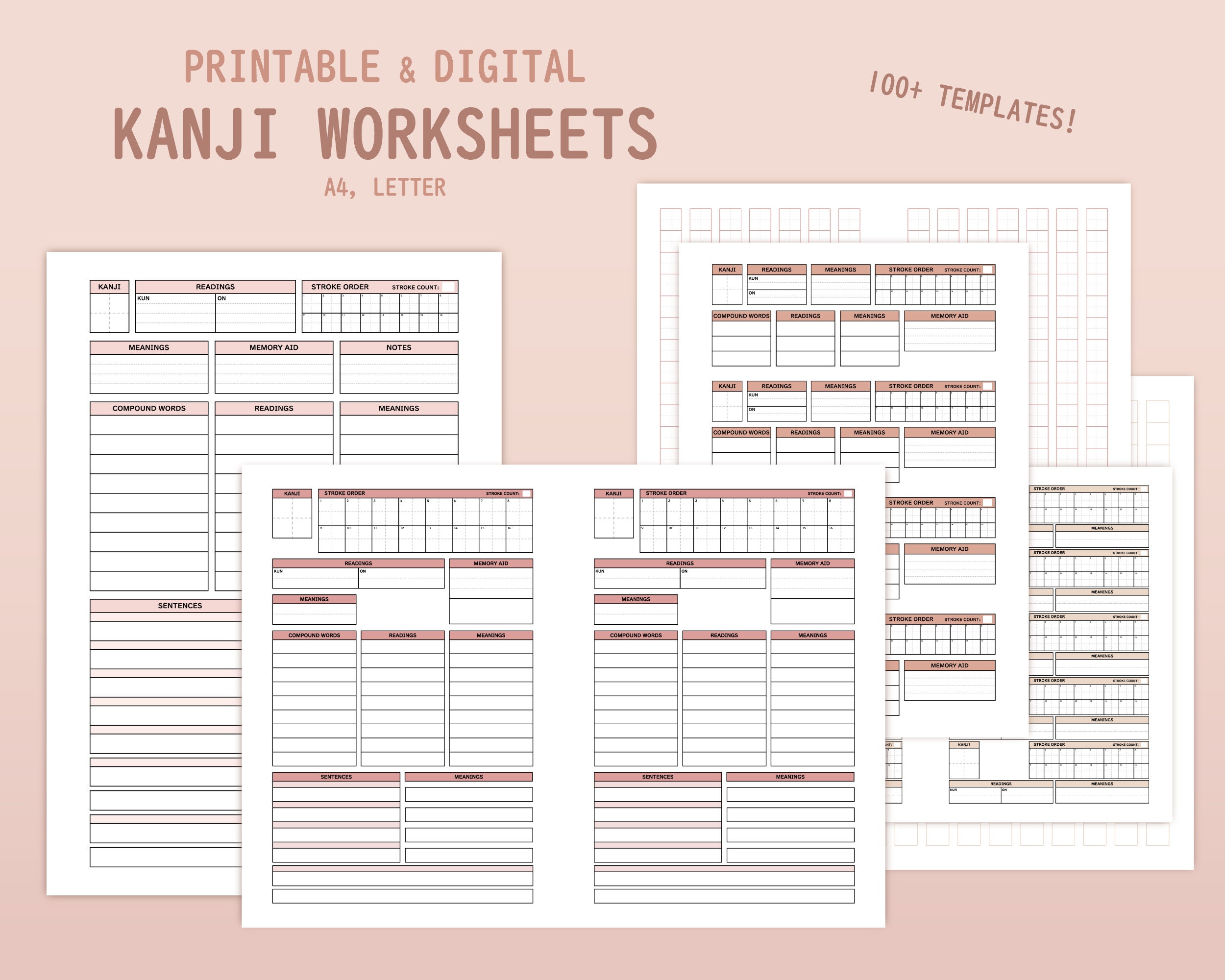 Japanese Study Templates - Kanji Worksheets and Writing Paper - Blushed ...