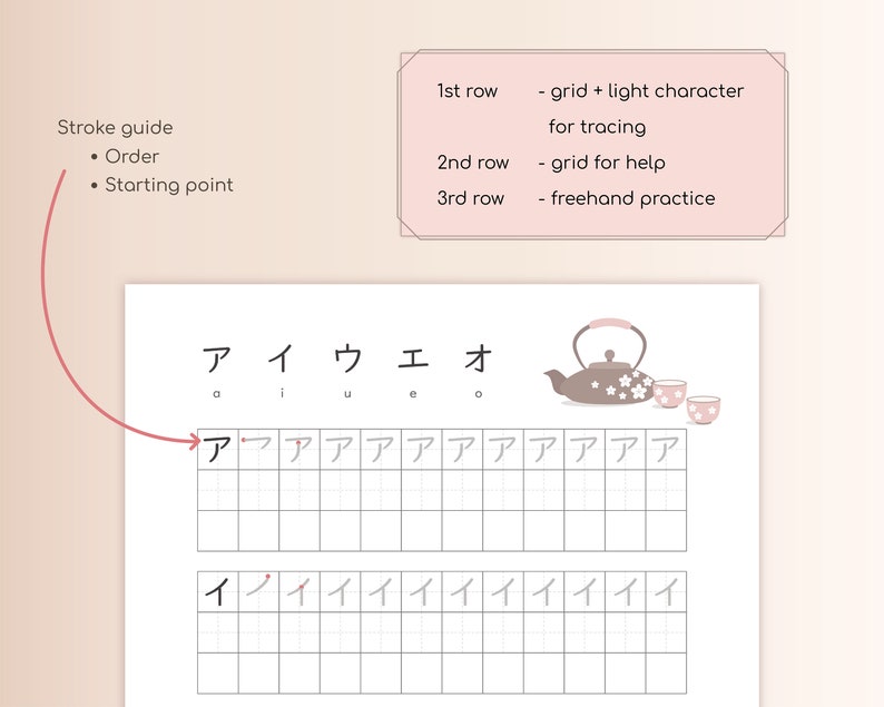 Printable Katakana Practice Sheets With Japanese Sakura Tea Set - Learn ...