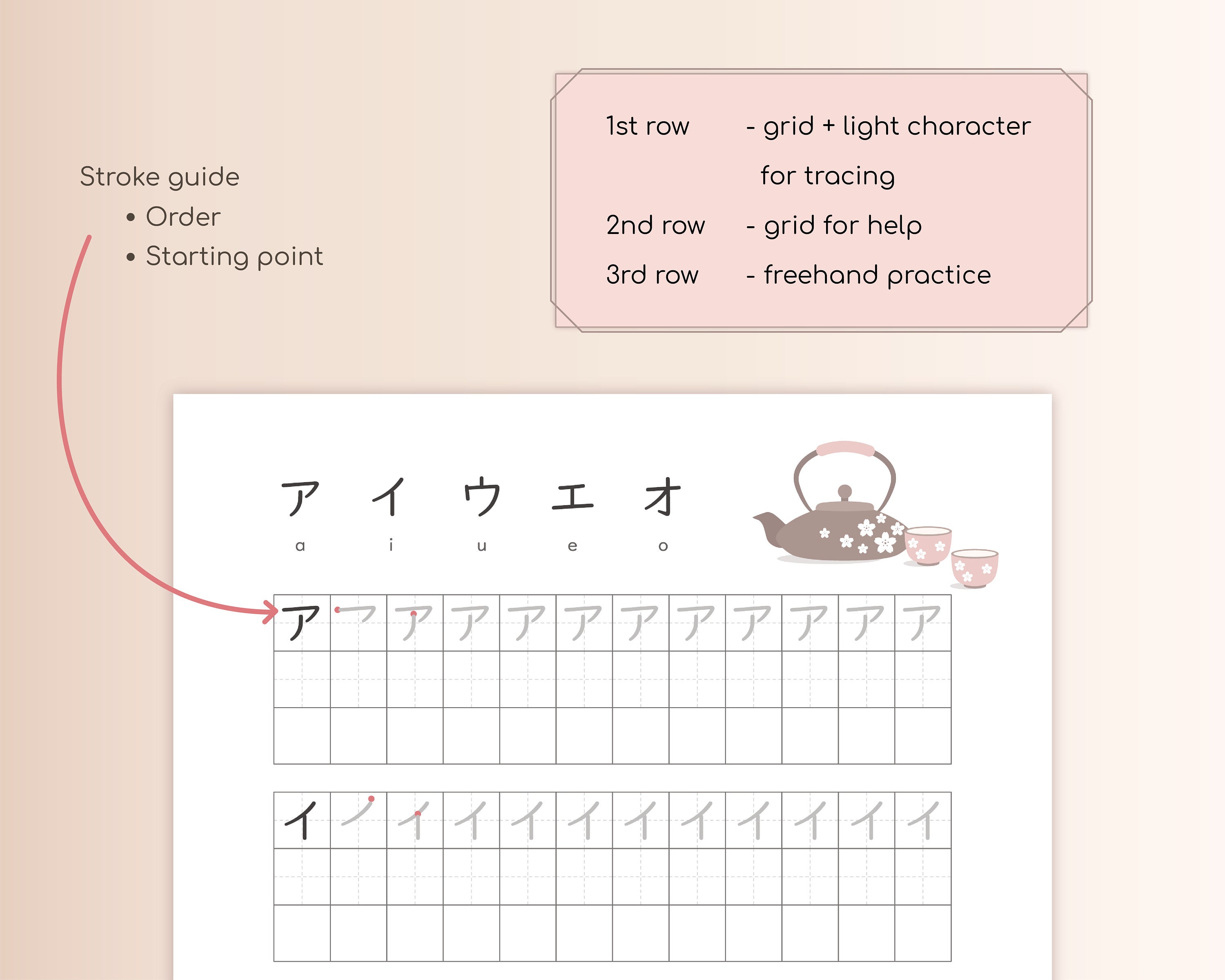 Printable Katakana Practice Sheets With Japanese Sakura Tea Set - Learn ...