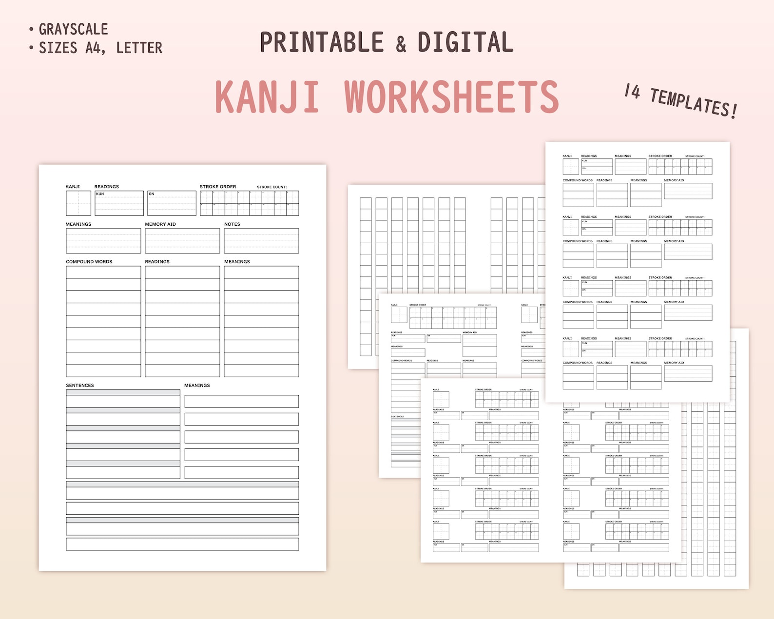 Kanji Practice Worksheets: Japanese Writing Templates, GRAYSCALE ...
