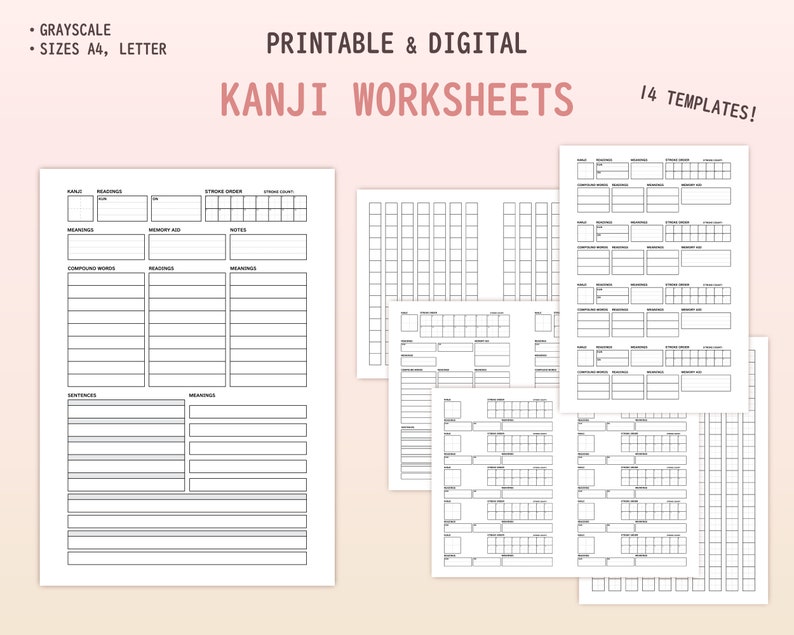 Kanji Practice Worksheets: Japanese Writing Templates, GRAYSCALE ...