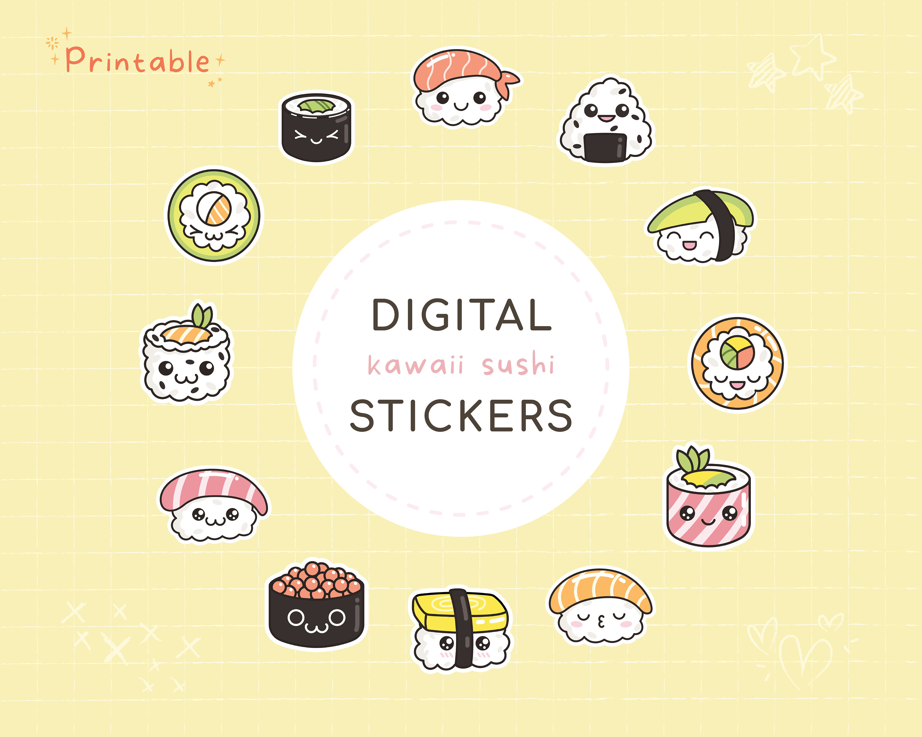 Kawaii Sushi Stickers | Digital and Printable Sticker Set for Planners ...