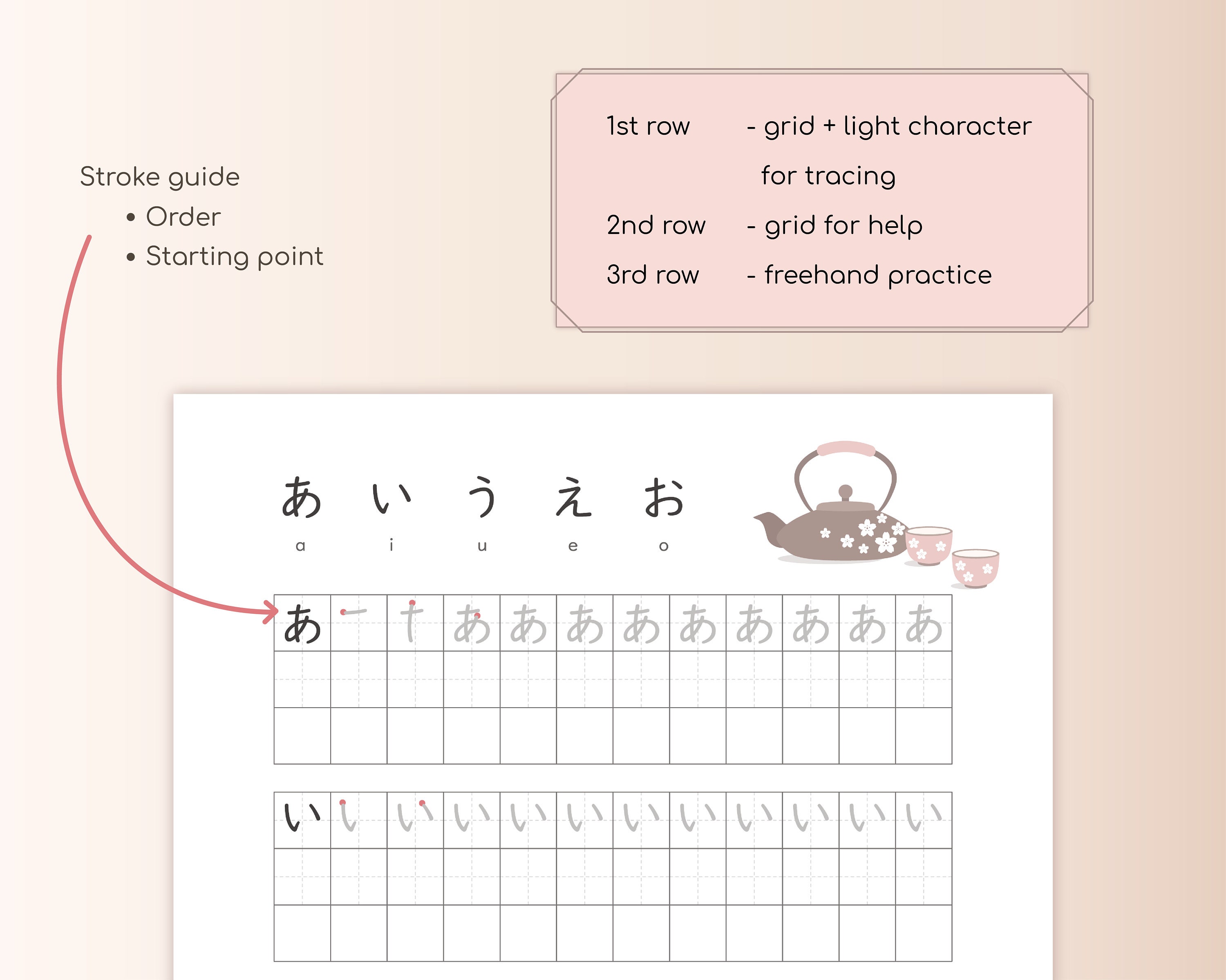Printable Hiragana Practice Sheets With Japanese Sakura Tea Set - Learn ...