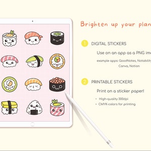 Kawaii Sushi Stickers | Digital and Printable Sticker Set for Planners ...