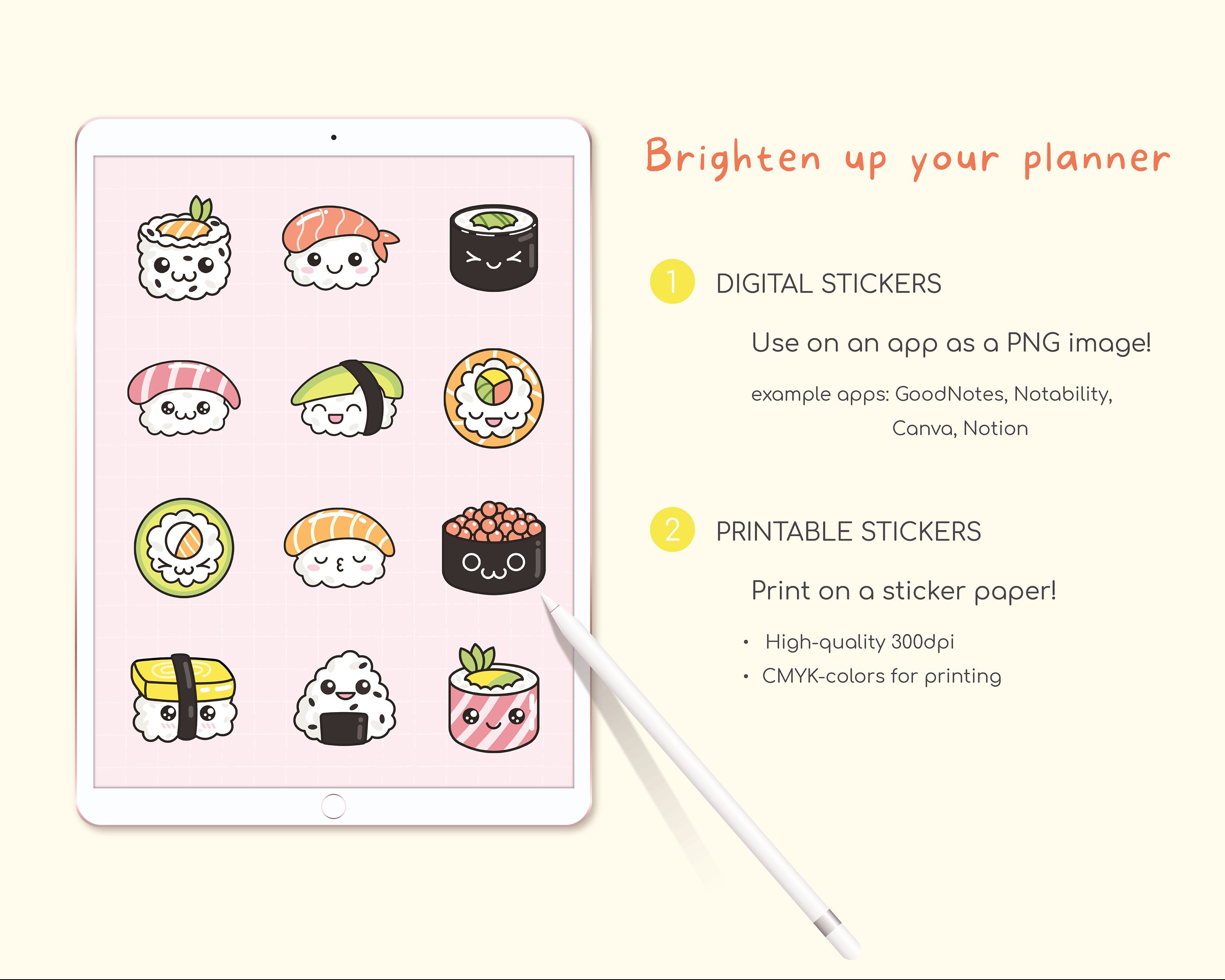 Kawaii Sushi Stickers | Digital and Printable Sticker Set for Planners ...