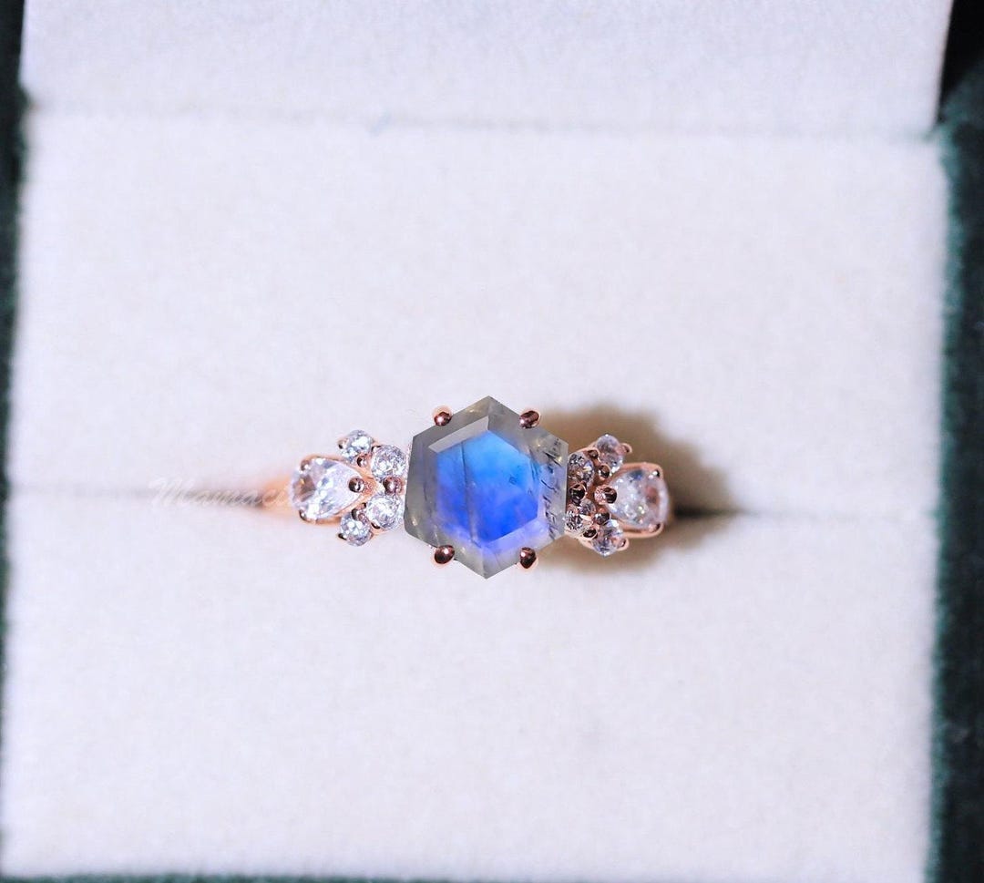 Hexagon Cut Moonstone Ring, Twin Shade Ring, Wedding Engagement Ring ...