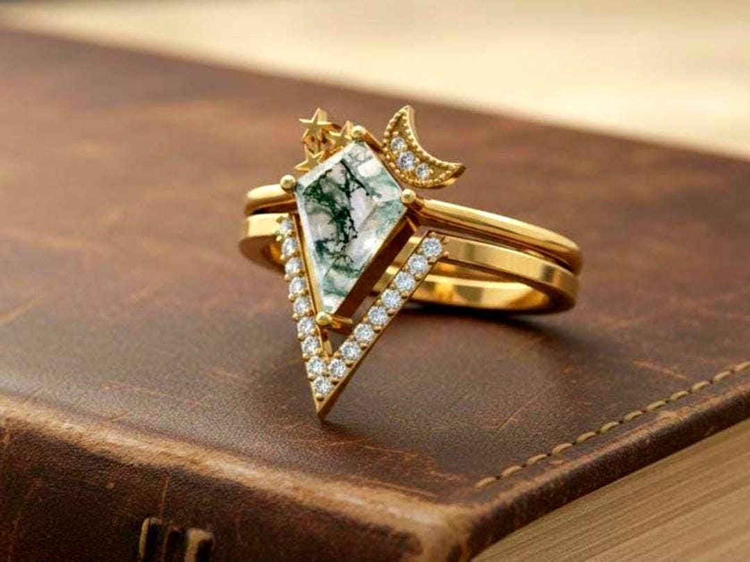 Moss Agate Kite Cut Ring, Moon Star Sterling Silver, Art Deco ...