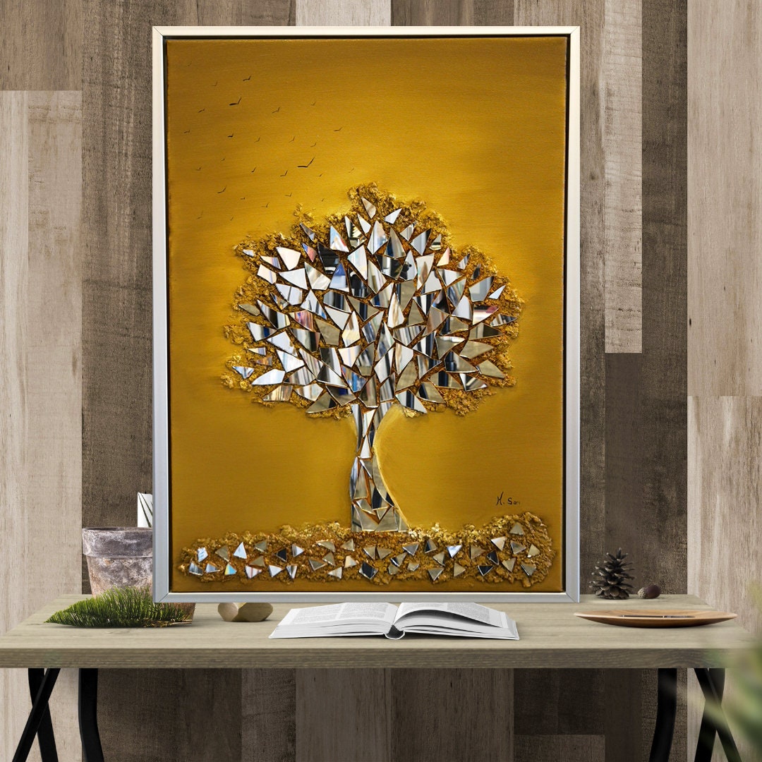 Oil Painting With Mirror Mosaic on Canvas, Modern Tree Painting With ...