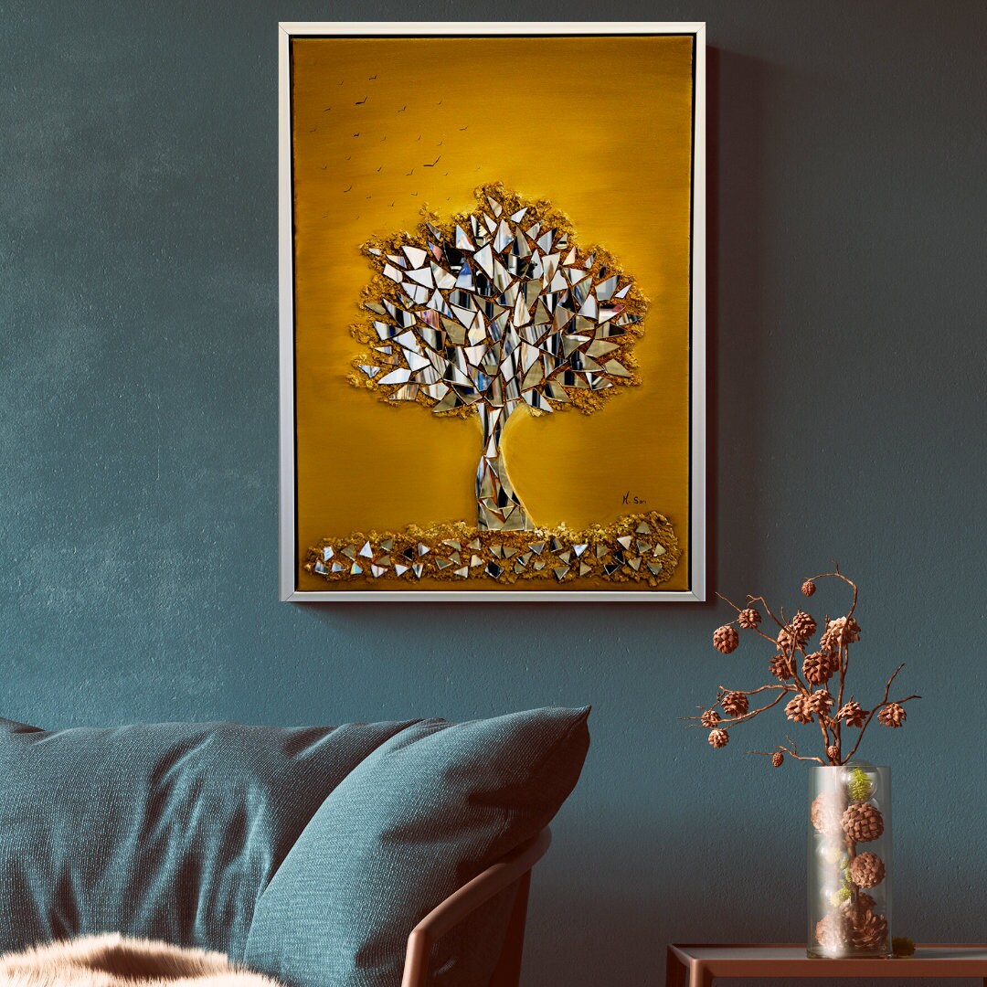Oil Painting With Mirror Mosaic on Canvas, Modern Tree Painting With ...