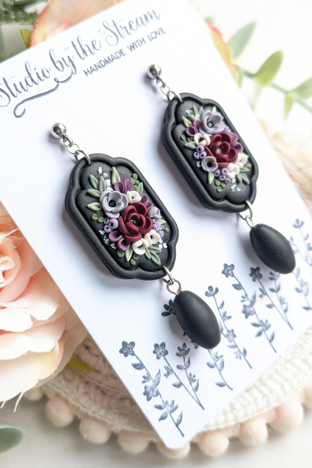Black Gothic Style Earrings Dark Academia Aesthetic Floral Dangles ...