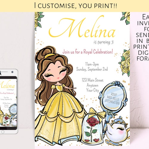 PRINCESS BELLE INVITATION Beauty and the Beast Birthday Party - Etsy