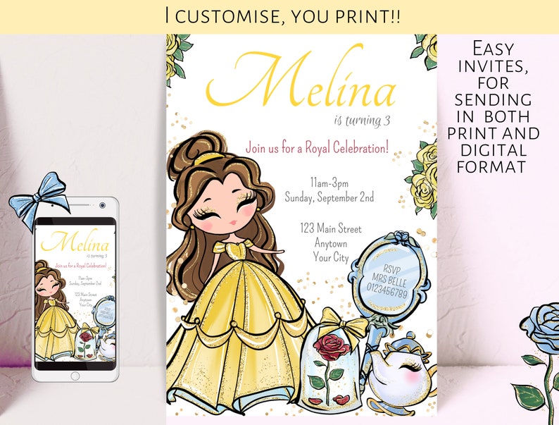 PRINCESS BELLE INVITATION Beauty and the Beast Birthday Party - Etsy