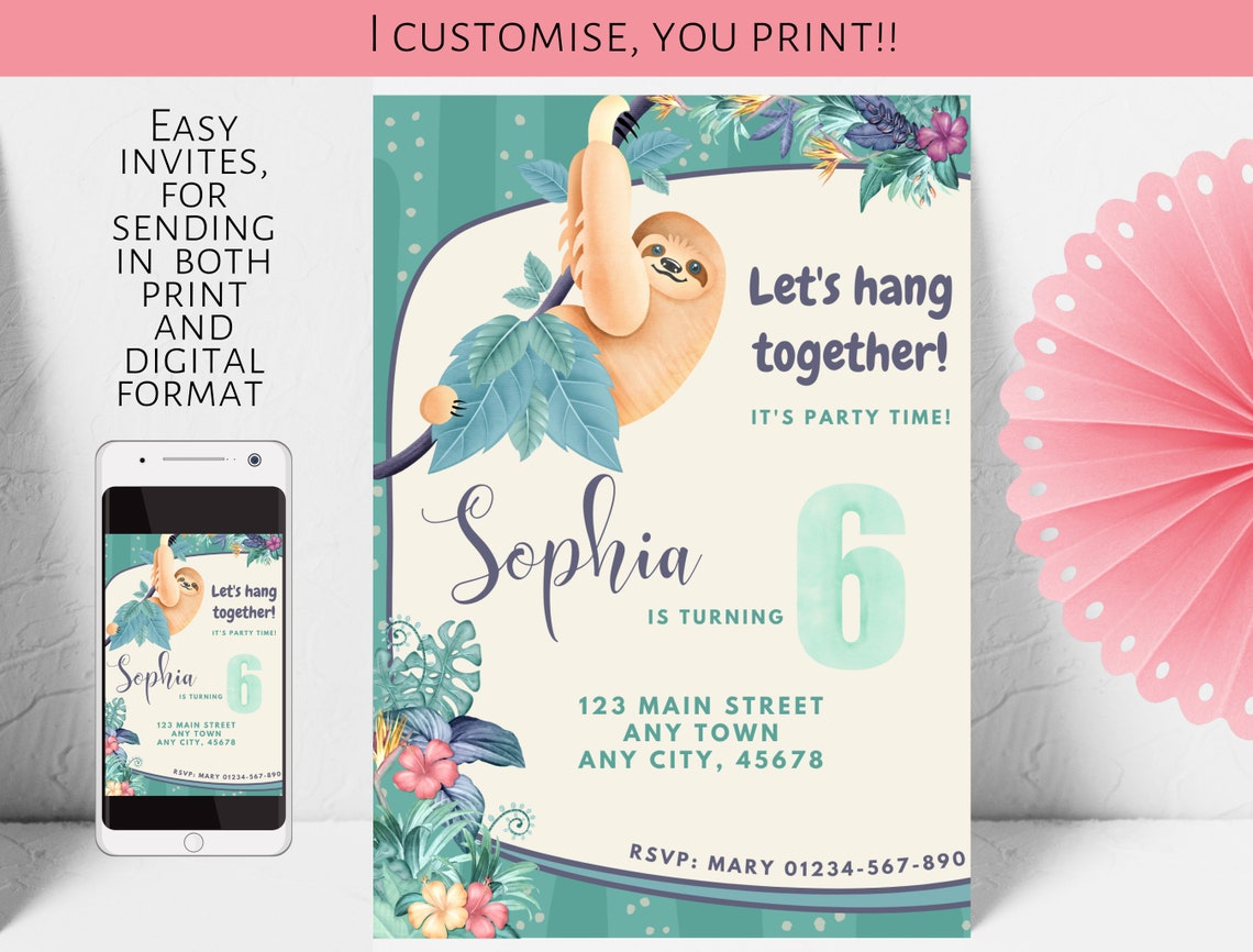 SLOTH BIRTHDAY INVITATION Digital Download Sloth Birthday - Etsy