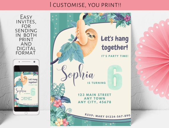 SLOTH BIRTHDAY INVITATION Digital Download Sloth Birthday - Etsy
