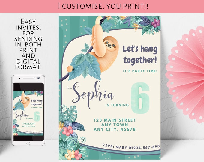 SLOTH BIRTHDAY INVITATION Digital Download, Sloth Birthday Invite ...
