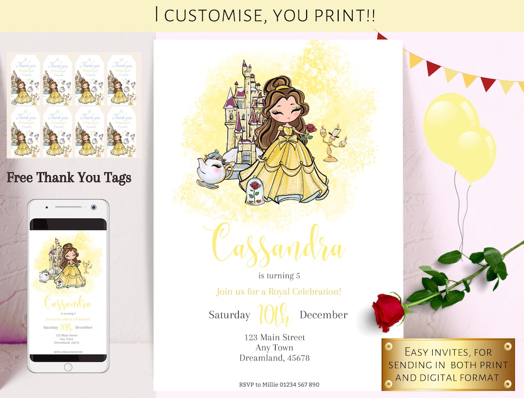 PRINCESS BELLE INVITATION Beauty and the Beast Birthday Party - Etsy
