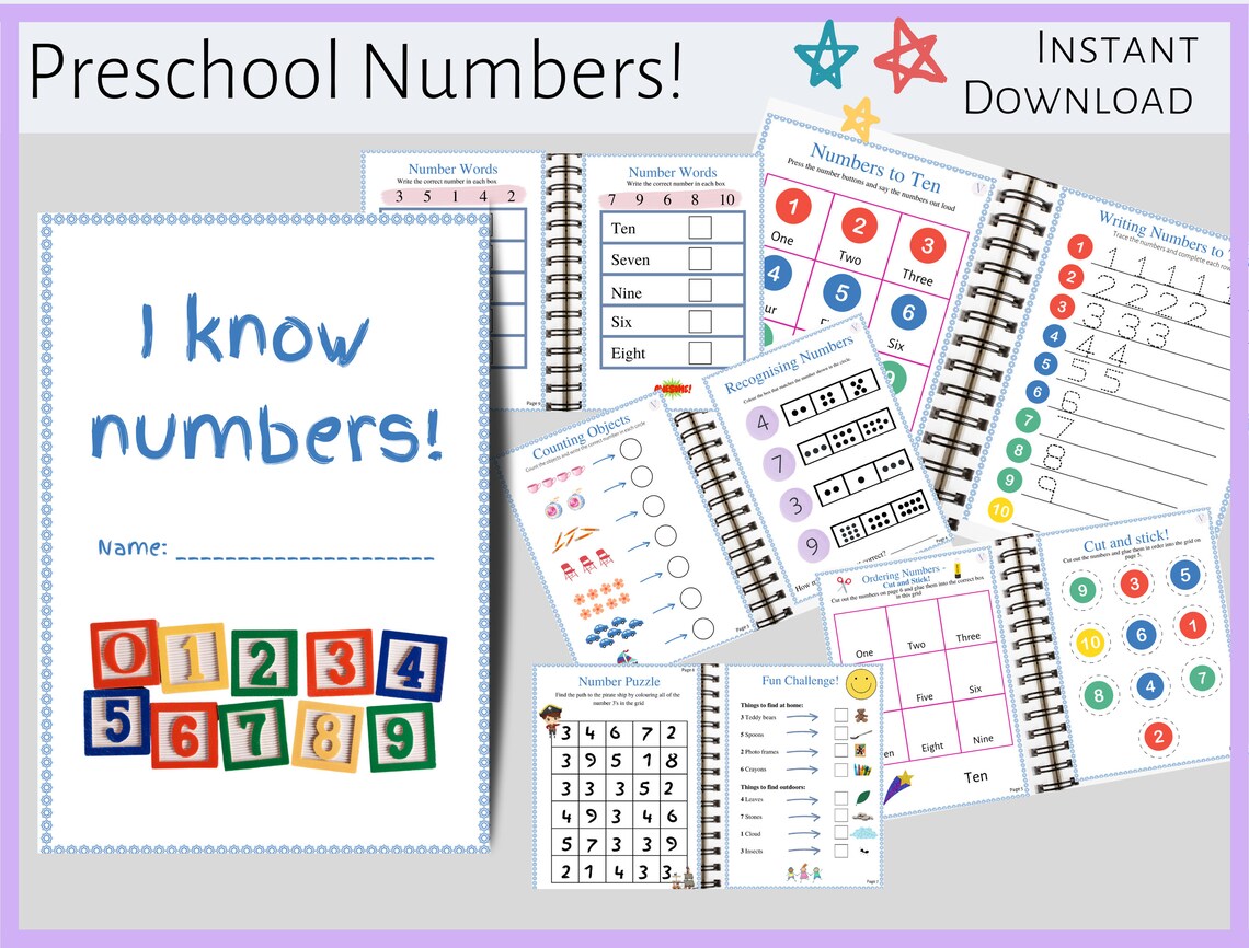 PRESCHOOL WORKSHEETS Printable Preschool LEARNING Numbers to - Etsy