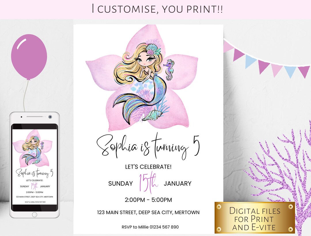 MERMAID PRINCESS BIRTHDAY Invitation Digital Download - Etsy