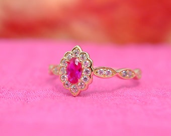 14K Solid Gold Ruby Ring, Ruby Art Deco Ring, Ruby Stone Ring, Dainty Ruby Ring, Gift for Her ...