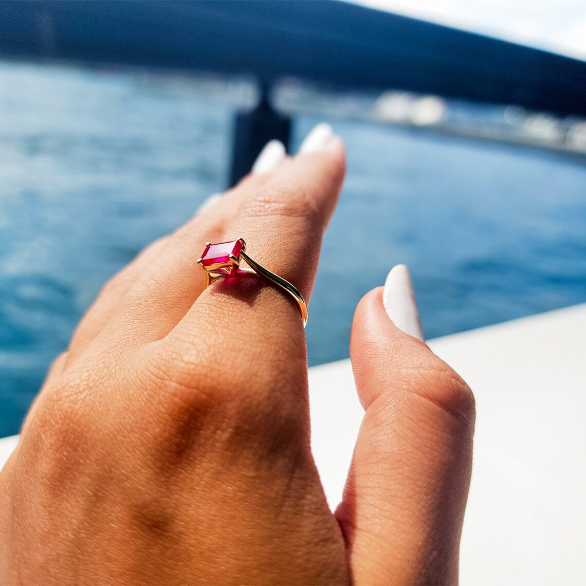 14K Solid Gold Women Solitaire Ruby Ring, Ruby Dainty Baguette Stacking ...