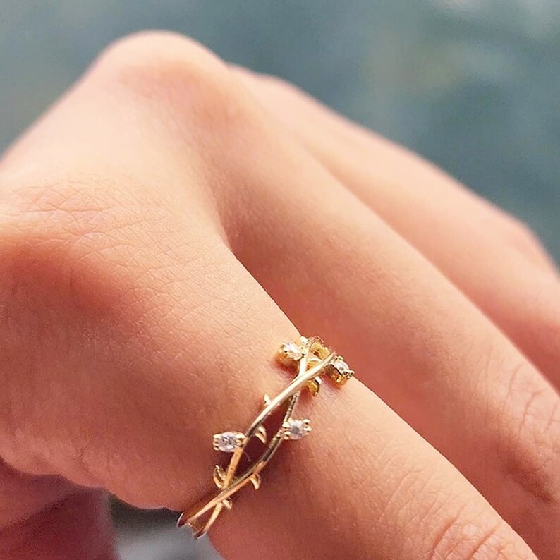 14K Solid Gold Ivy Ring, Olive Leaf Jewelry, Leaf Ring, Wrap Ring, Branch, Simple Gold Ring for ...