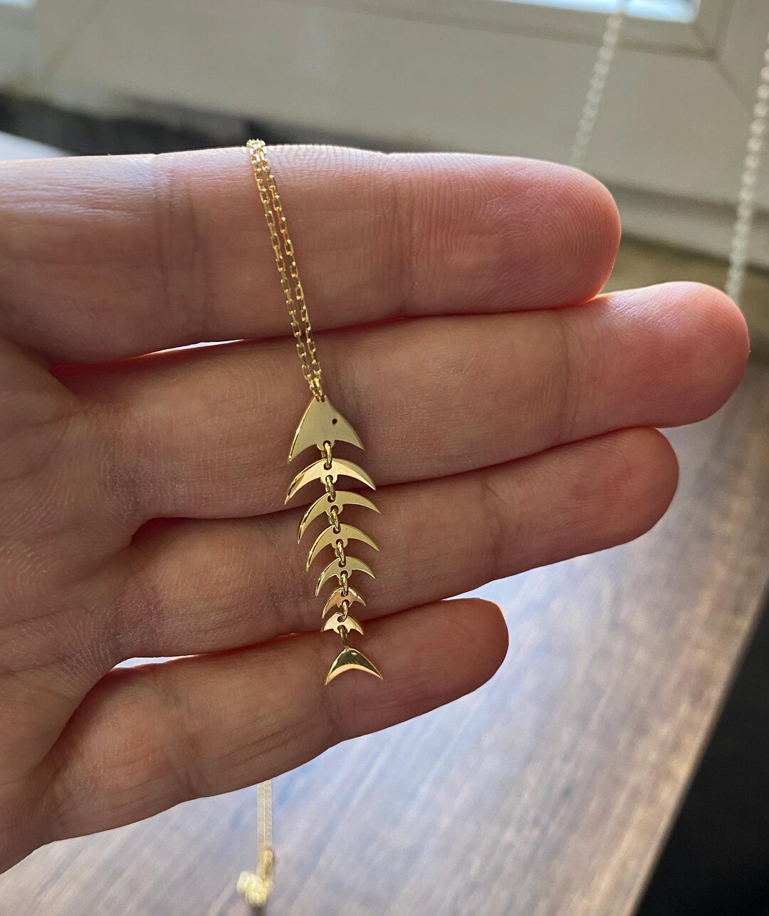 18K Solid Gold Dainty Fish Necklace, Fishbon Jewelry, 18K Gold Chain ...