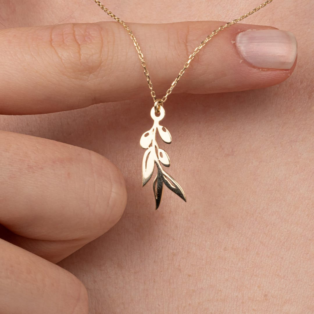 14K Solid Gold Olive Branch Necklace: Dainty Greek Leaf Jewelry - Etsy