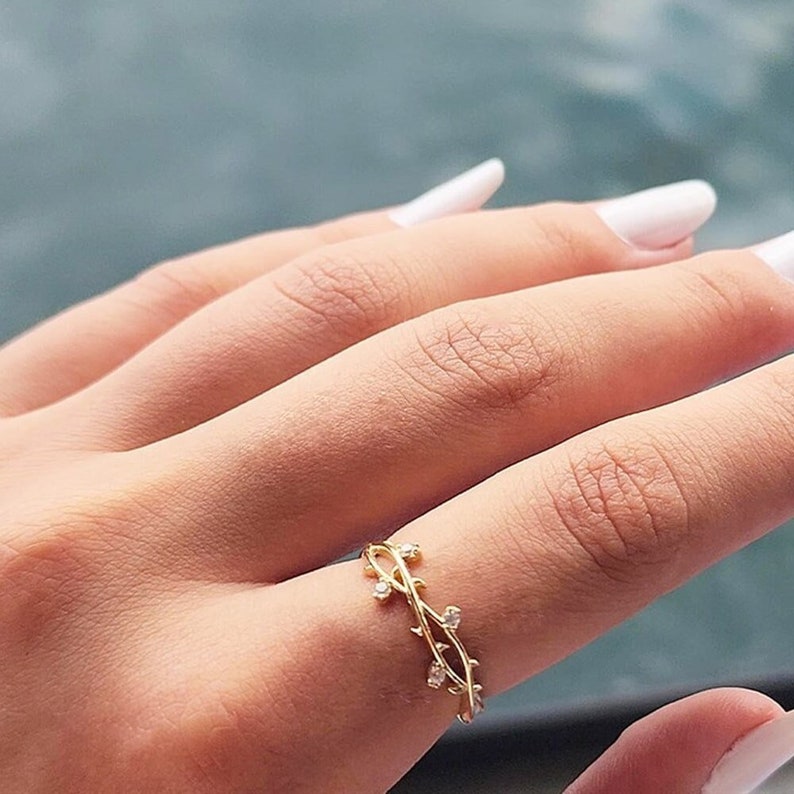 14K Solid Gold Ivy Ring, Olive Leaf Jewelry, Leaf Ring, Wrap Ring, Branch, Simple Gold Ring for ...