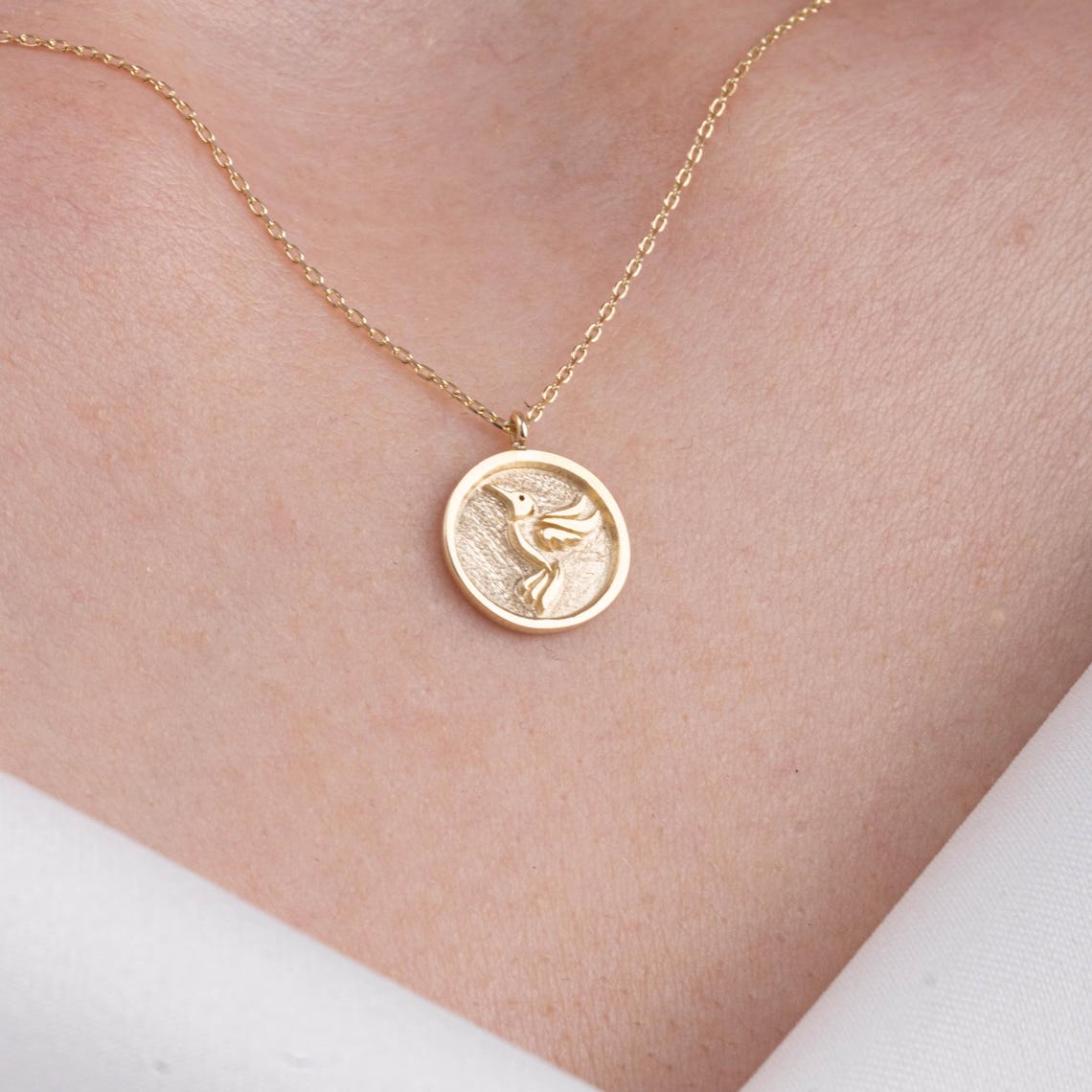 14k Solid Gold Hummingbird Necklace: Bird of Peace Charm - Etsy