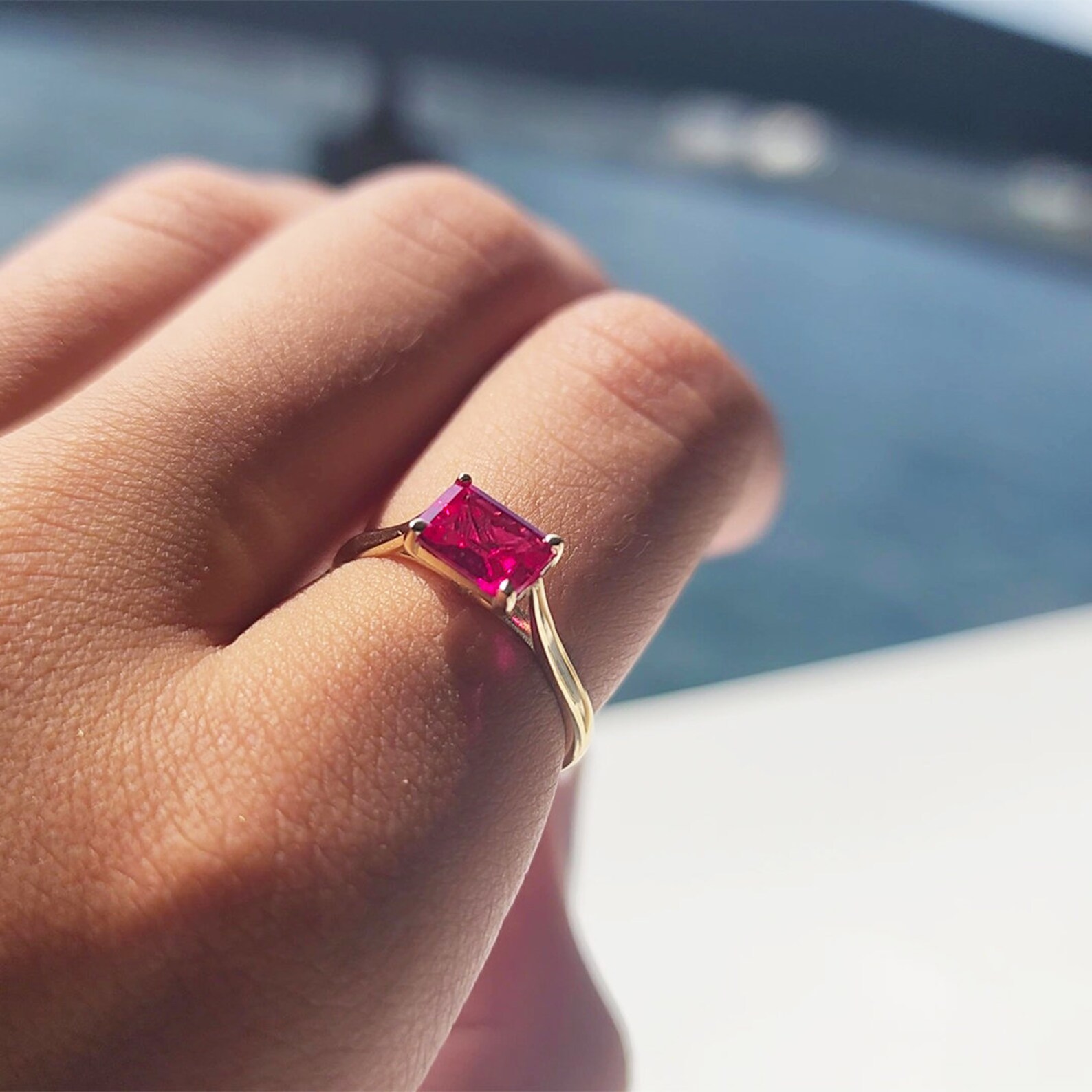 14K Solid Gold Women Solitaire Ruby Ring, Ruby Dainty Baguette Stacking ...