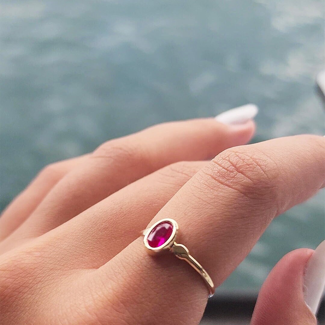 14K Solid Gold Bezel Ruby Ring, Oval Cut Ruby Stone Gold Jewelry, Dainty July Birthstone ...