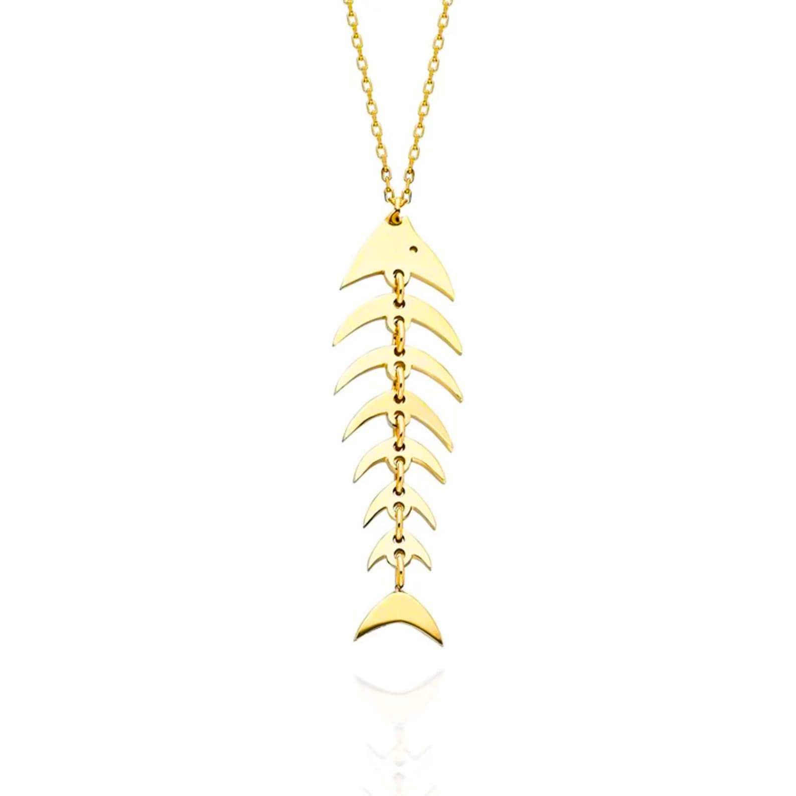 18K Solid Gold Dainty Fish Necklace, Fishbon Jewelry, 18K Gold Chain ...