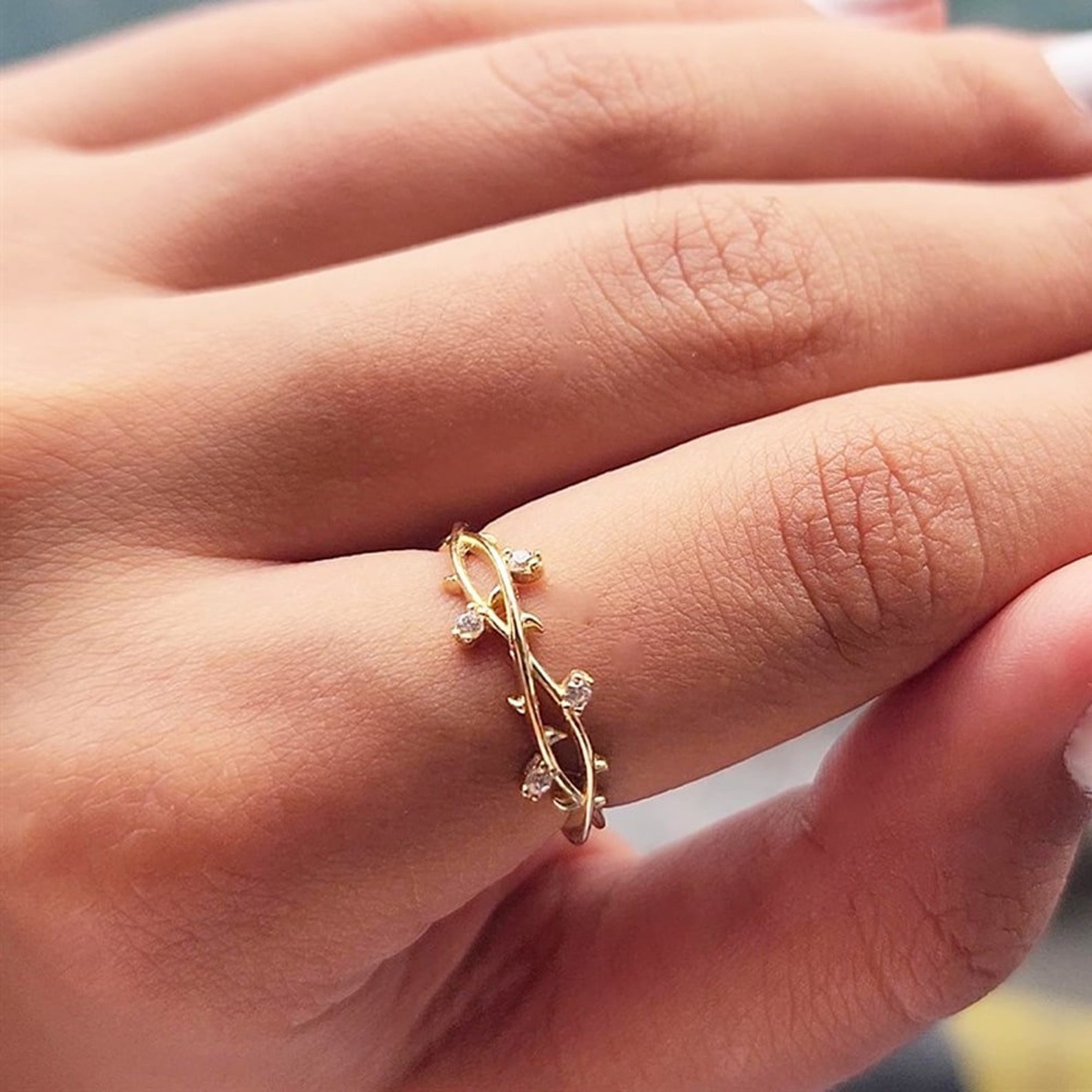 14K Solid Gold Ivy Ring, Olive Leaf Jewelry, Leaf Ring, Wrap Ring, Branch, Simple Gold Ring for ...