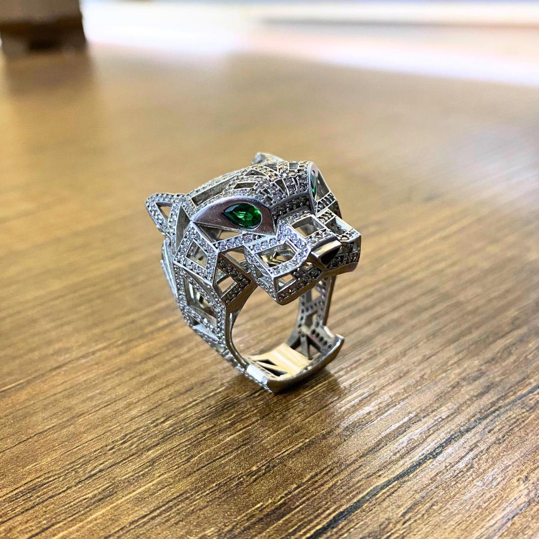 Sterling Silver Emerald Eye Unisex Tiger Ring, Tigerkopf, Panther Ring ...